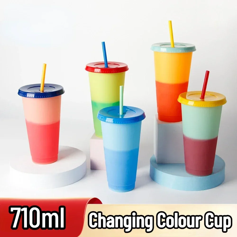 Creative Reusable Water Cups Changing Colour Cup 710ml with Straws ...