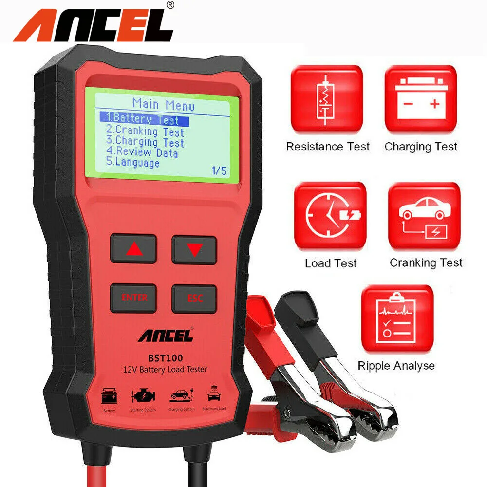 Ancel Bst100 자동차 배터리 테스터 충전기 분석기 12v 2000cca 전압 배터리 테스트 자동차 배터리 테스터 충전 크리컷 부하 도구배터리 충전 장치
