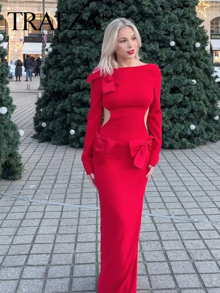 TRAFZA-vestido-de-fiesta-de-manga-larga-con-lazo-para-mujer-vestidos ...