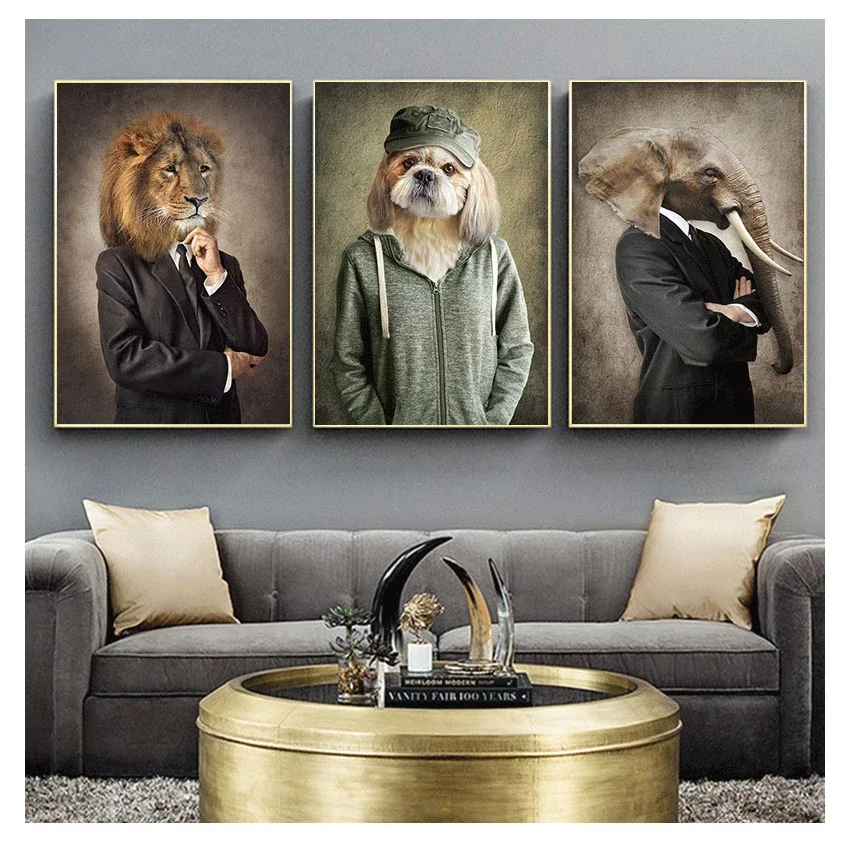 Retro-Style-Wall-Art-Lion-Wears-A-Suit-Poster-Wolf-Elephant-Print ...