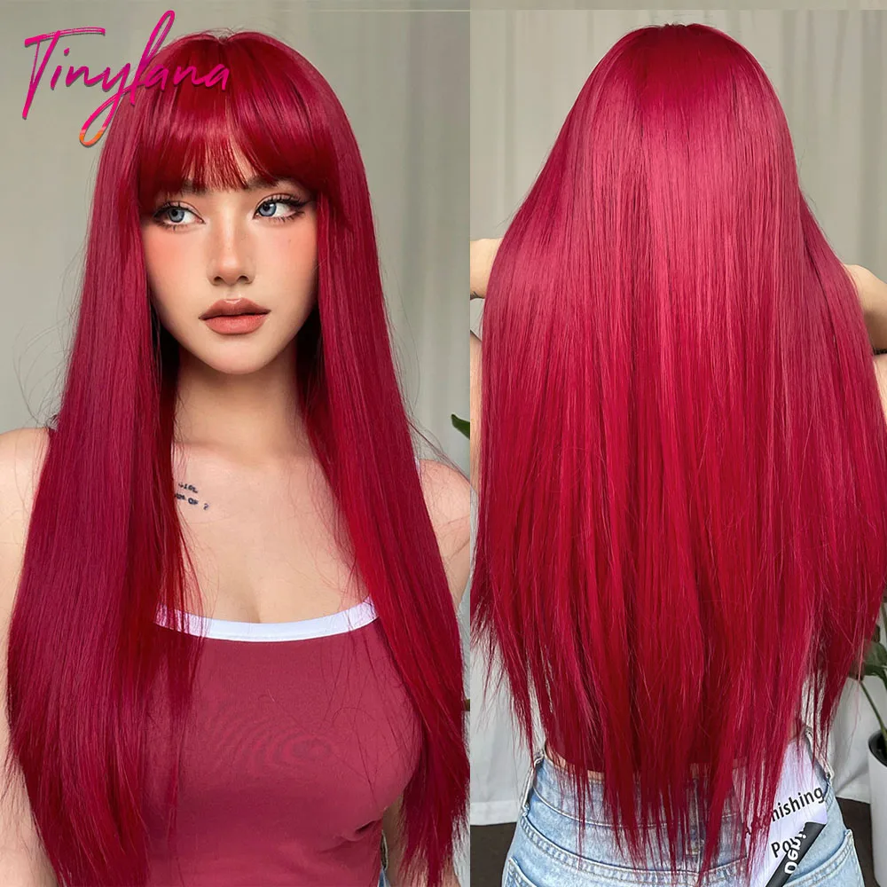 Natural Wine Red Cosplay Synthetic Wigs Long Straight Hair with Bangs ...