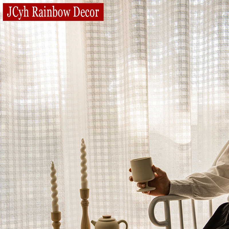 Modern White Linen Look Sheer Curtains For Living Room Plaid Tulle ...
