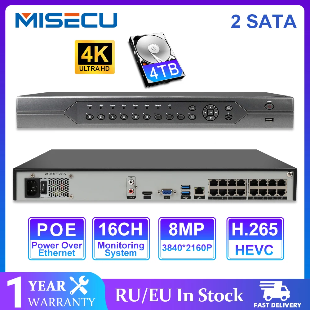 Misecu H.265 16ch 4k 4mp 3mp 48v Real Poe Nvr Xmeye P2p Network Video ...