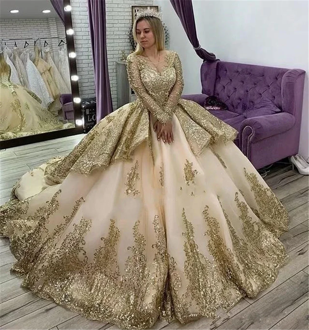 Customized Exquisite Lace-up Gold Princess Wedding Dresses Lace Beaded ...