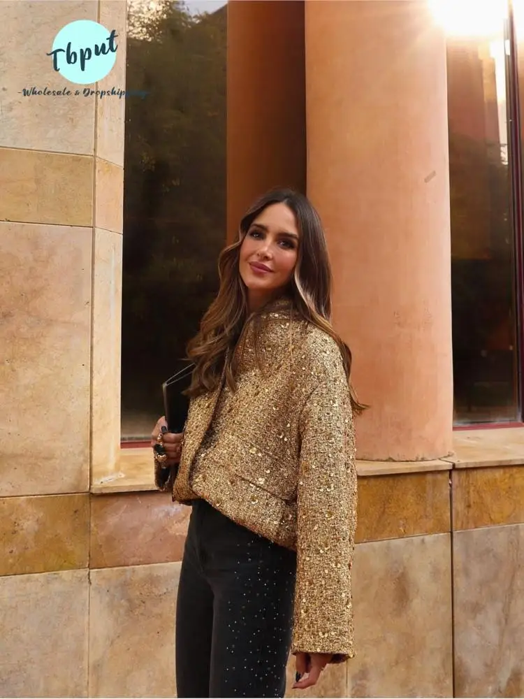 Autumn-Sequin-Fashion-Coat-For-Ladies-Elegant-Stand-Collar-Long-Sleeve ...