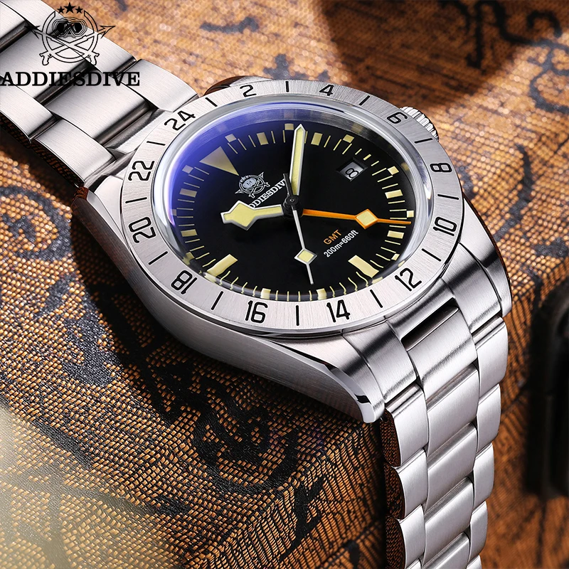 ADDIESDIVE 39mm 남성용 시계 GMT 쿼츠 시계 버블 미러 글래스 루미너스 200M 방수 다이빙 시계 AD2036 ...