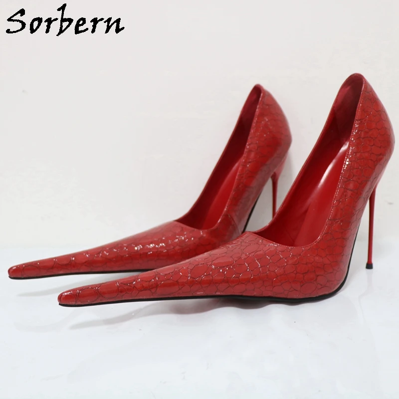 Sorbern-Super-Long-Pointed-Toe-Women-Pumps-Slip-On-Snakeskin-Red-High ...