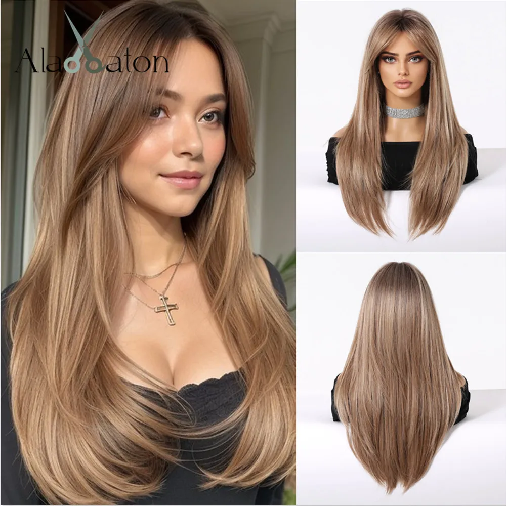 ALAN-EATON-Chestnut-Brown-Synthetic-Wig-with-Bangs-Long-Straight-Wig-Natural-Layered-Hair-Smooth ...