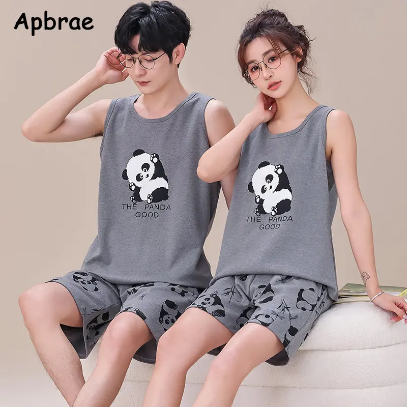 Summer-Knitted-Cotton-Cartoon-Panda-Print-Sleepwear-Pajama-Sets-for-Couple-Sleeveless-Nightwear ...
