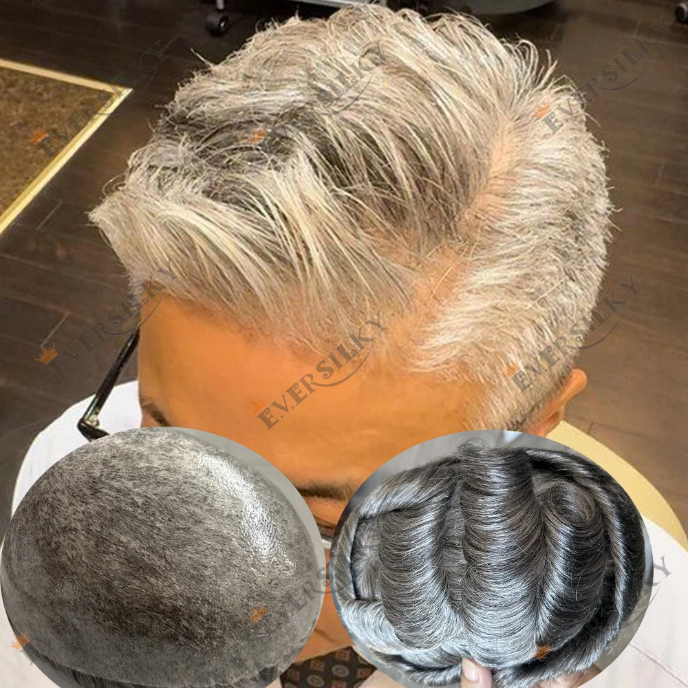 1B50 1B80 Gray Hair Old Man Toupee Natural Hairline Undetectable Thin ...