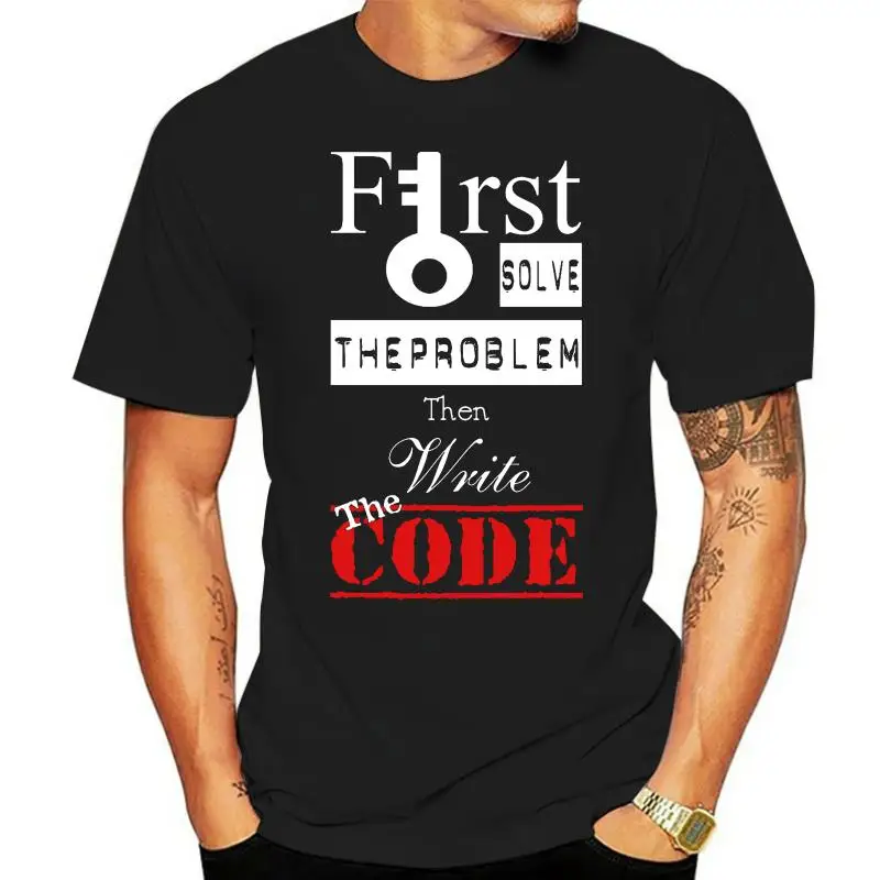 프로그래머 워드잇 해커 코드 프린트 탑 티셔츠 먼저 문제를 해결 한 다음 코드 글자 쓰기 패치 워크 티셔츠