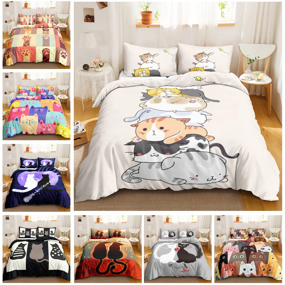 Cat Duvet Cover Set Digital Different Color Cartoon Cute Cat Print ...