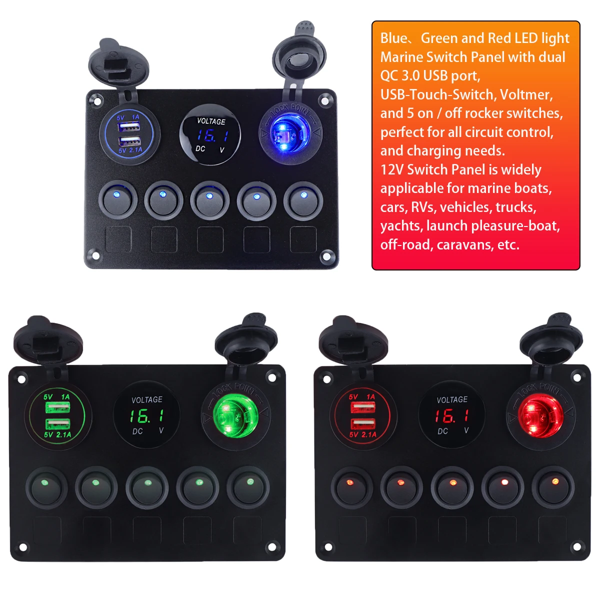Blue/Green/Red - Suitable for car, ship, yacht, RV, switch panel with ...