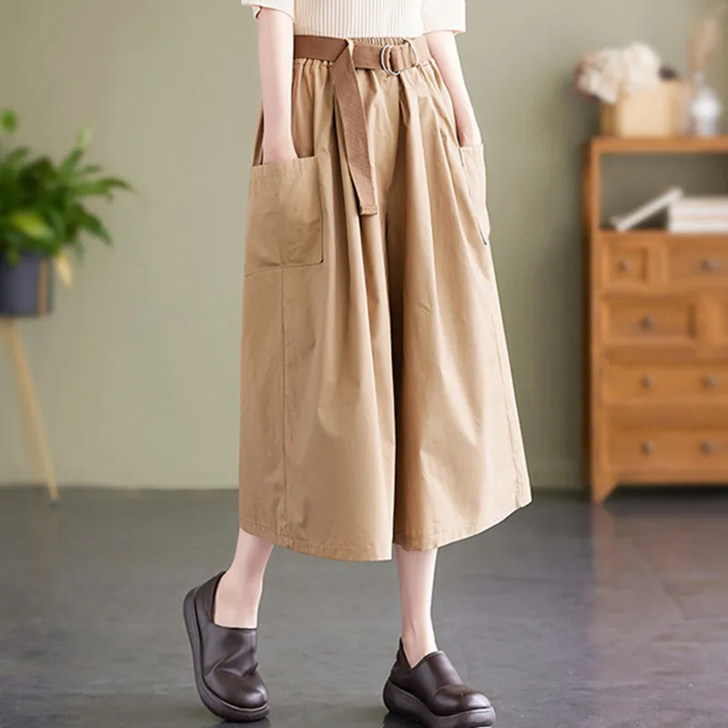 High Waist Pure Cotton Culottes Capris Pants Pockets Korea Style Lady ...