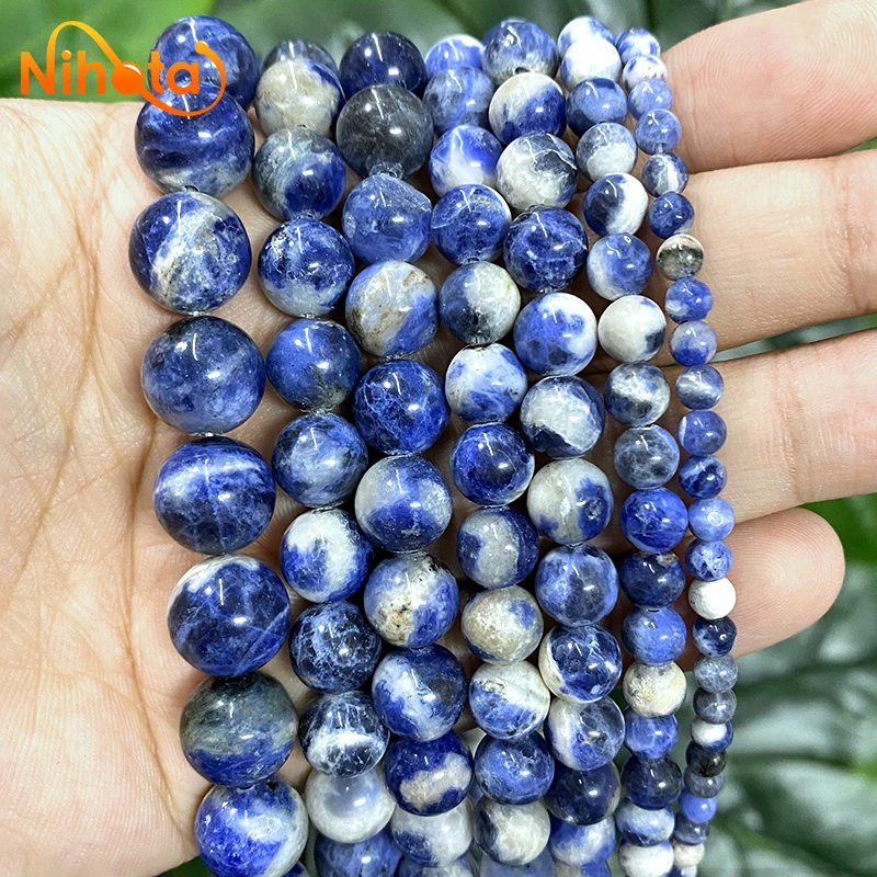 Natural New Blue Sodalite Stone Round Loose Smooth Beads DIY Bracelet ...