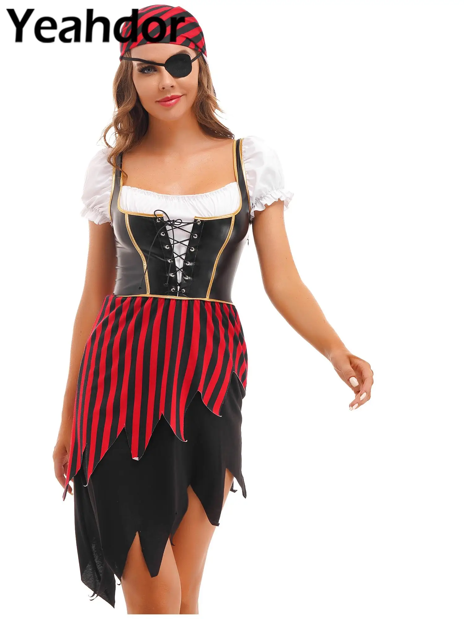 Womens Pirate Role Play Costume Halloween Theme Party Outfits Patchwork ...