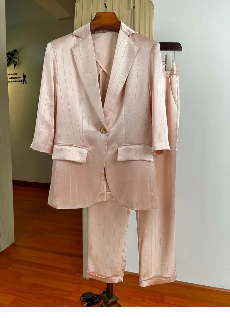 Women Prom Pink Stripe Stain Suit Noted Jacket Coat Tops And Pant Two ...