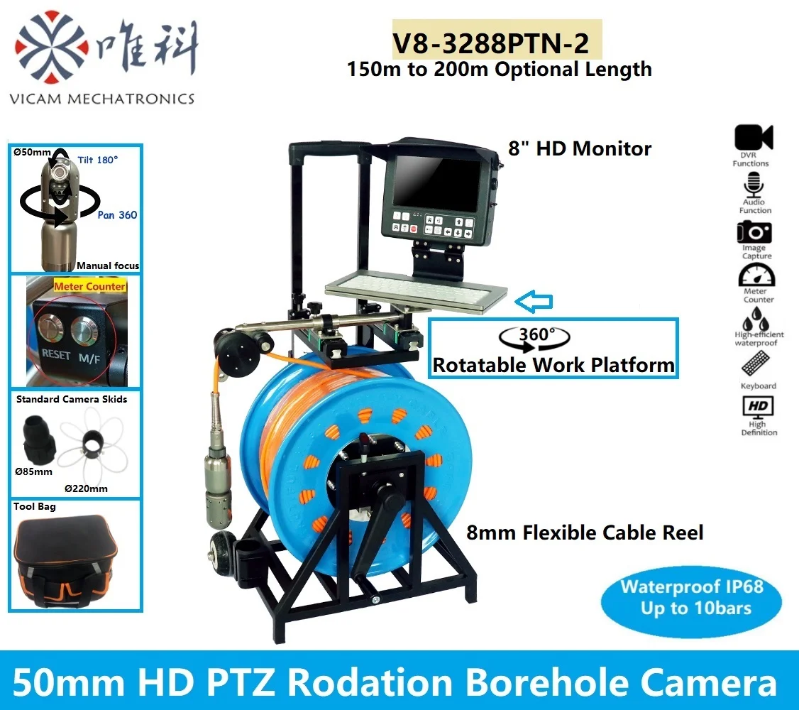 Vicam-150M-200M-PTZ-Rotation-Borehole-Camera-Depth-Counter-8-Inch-HD ...