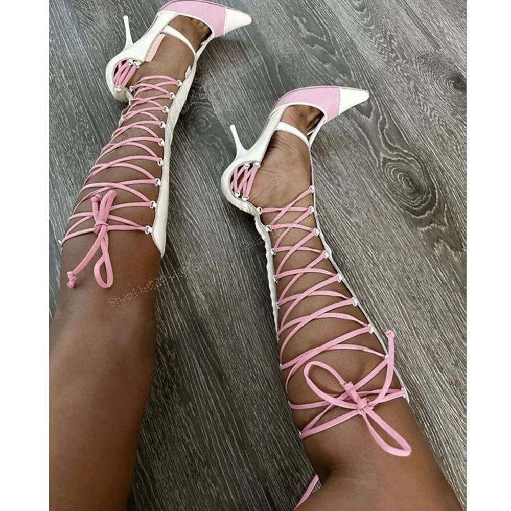 Mutilcolor-Strappy-Lace-up-Matte-Leather-Sandal-Boots-Pointed-Toe ...