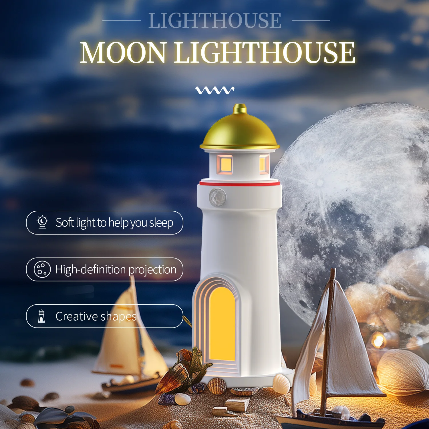 Moon Motion Sensor Projector Night Light, Dimmable Lighthouse Galaxy ...