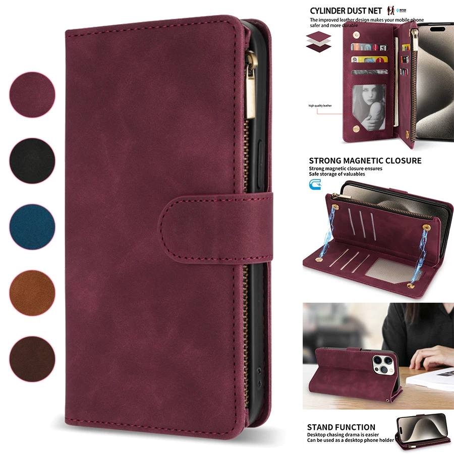 Wallet-Multi-card-Zipper-Kickstand-Magnetic-Flip-Leather-Case-For ...
