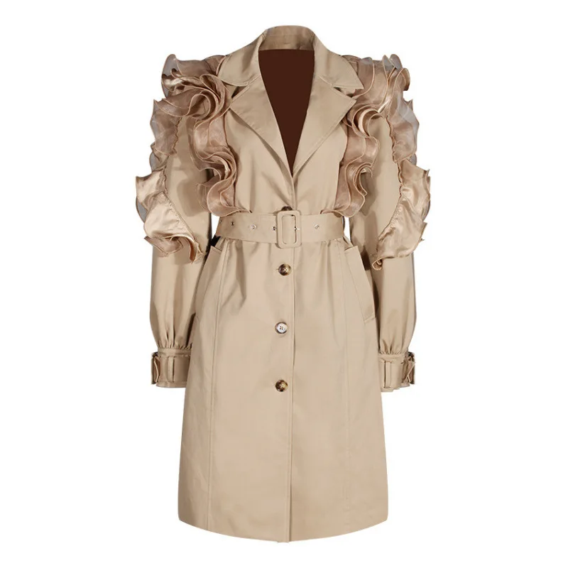 SuperAen Fashion Elegant Mesh Ruffled Patchwork Lantern Sleeve Trench ...