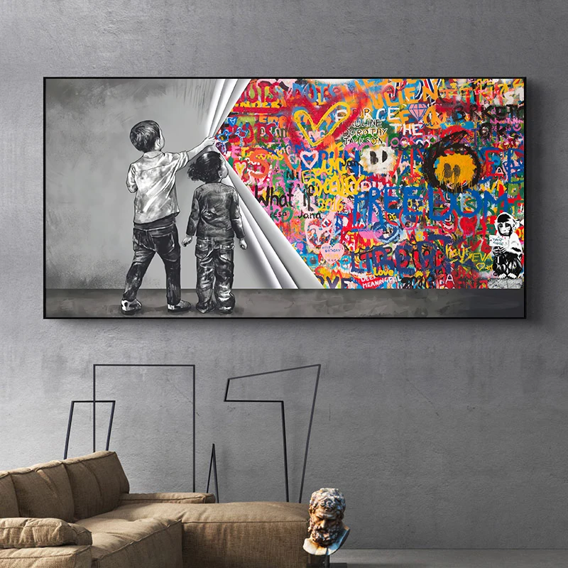 Banks Graffiti Art Fun Two Children Pulling Cloth Posters and Print ...