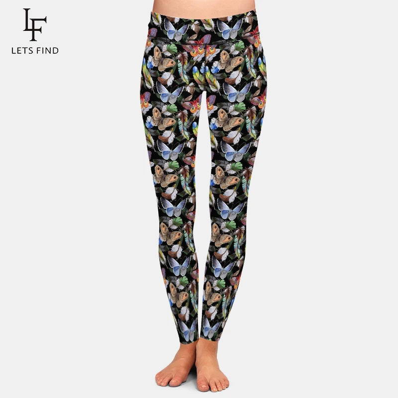 Letsfind High Waist 3d Butterflies And Feathers Print Fitness Pants