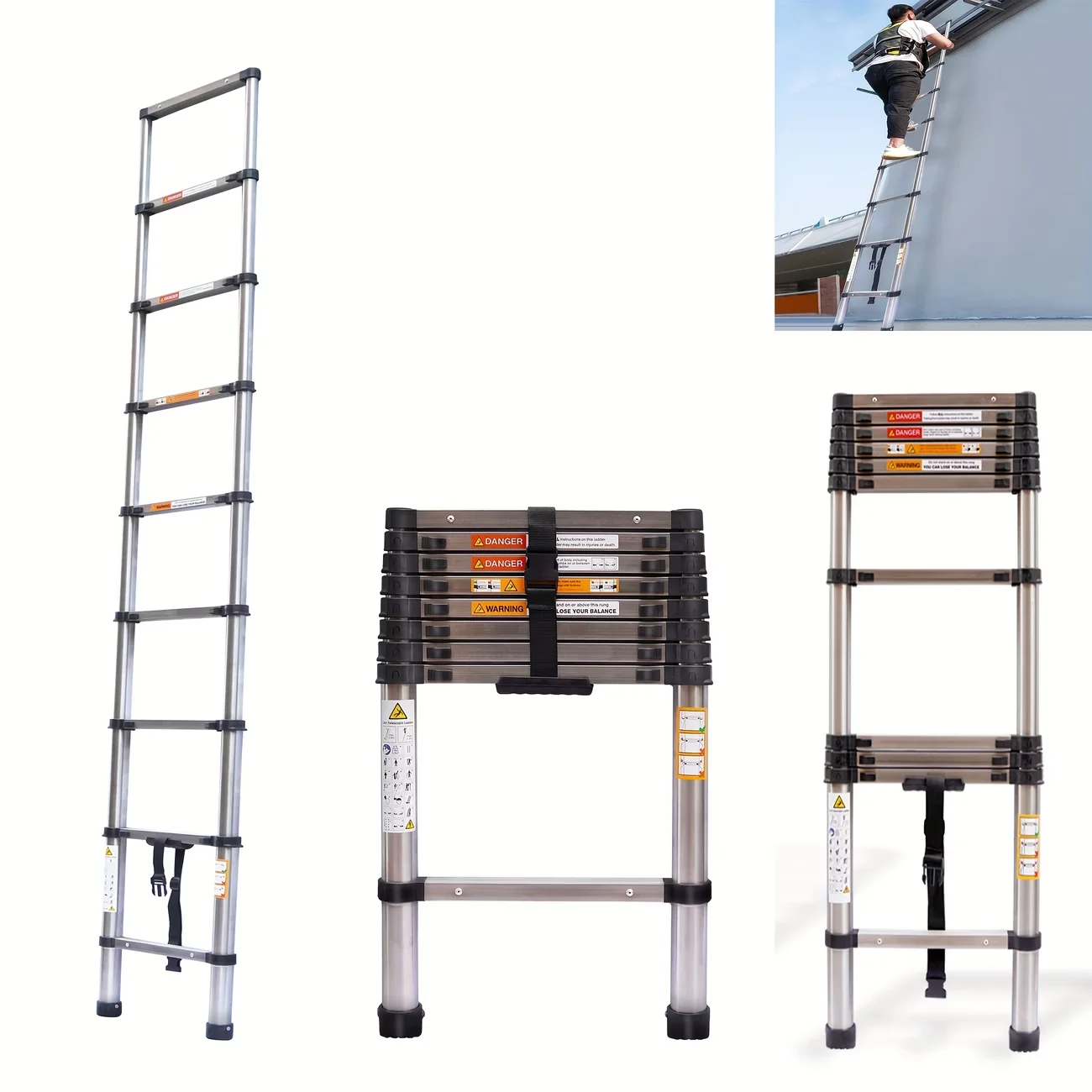 Telescopic Ladder 2.6M-6.3M Extension Ladder Stainless Steel Portable ...