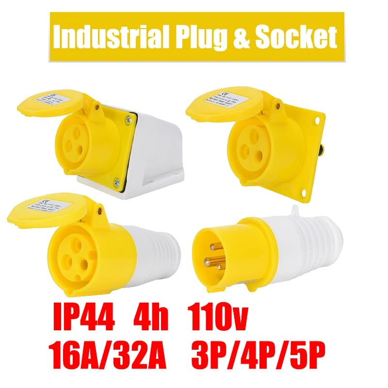 IP44-4H-110V-Eu-Yellow-Industrial-Plug-3P-16A-Plug-Socket-Connector ...