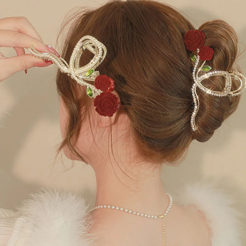 Fashion-Rhinestones-Flocking-Rose-Hair-Claw-Women-New-Ponytail-Hair ...