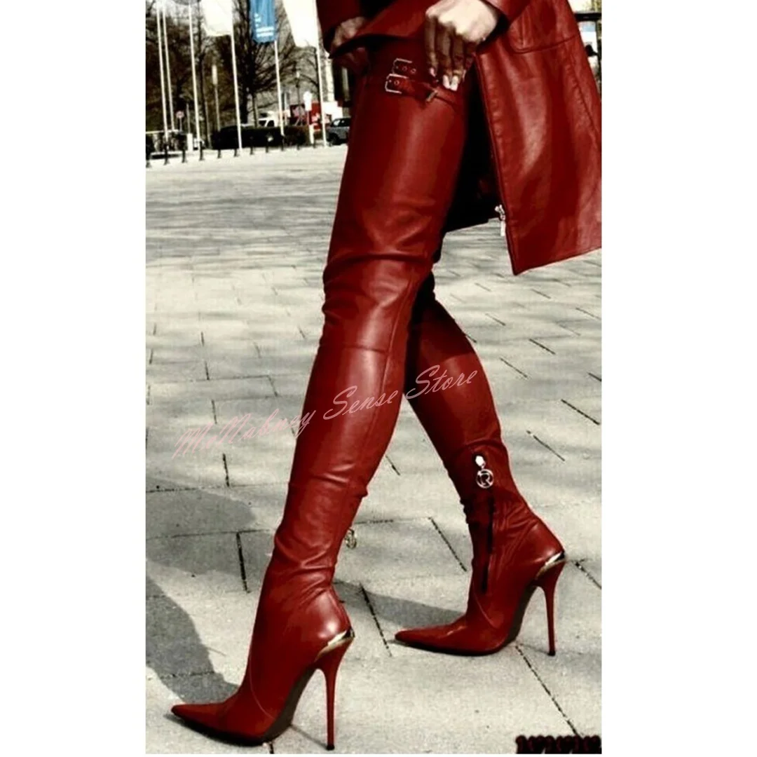 Sexy Pointy Toe Thigh High Boots Stiletto Heels Solid Buckle Straps ...