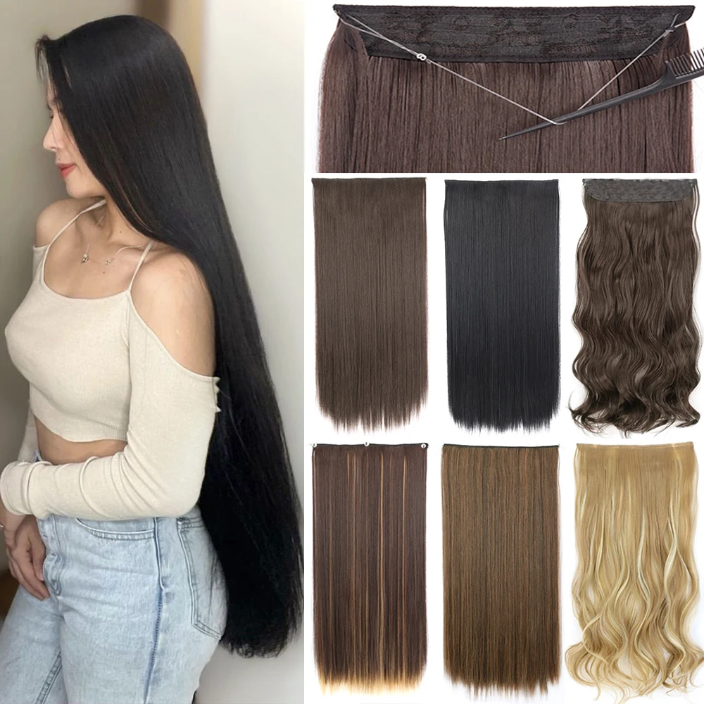 No-Clip-Hair-Extensions-Synthetic-Invisible-Wire-Straight-Hair-Black ...