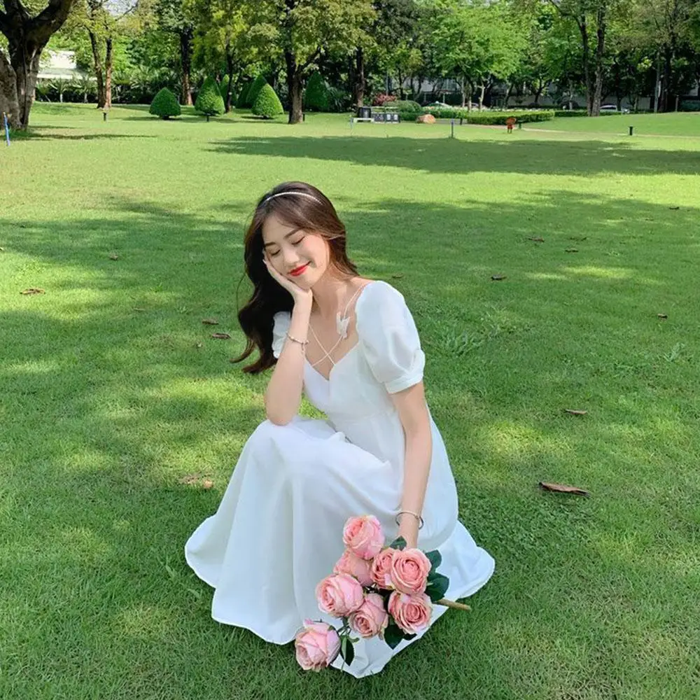 우아한 V넥 귀여운 여성용 드레스 퍼프슬리브 화이트 시스 오프 숄더 패어리 드레스 여성용 바디콘 드레스 미디 여름 스위트