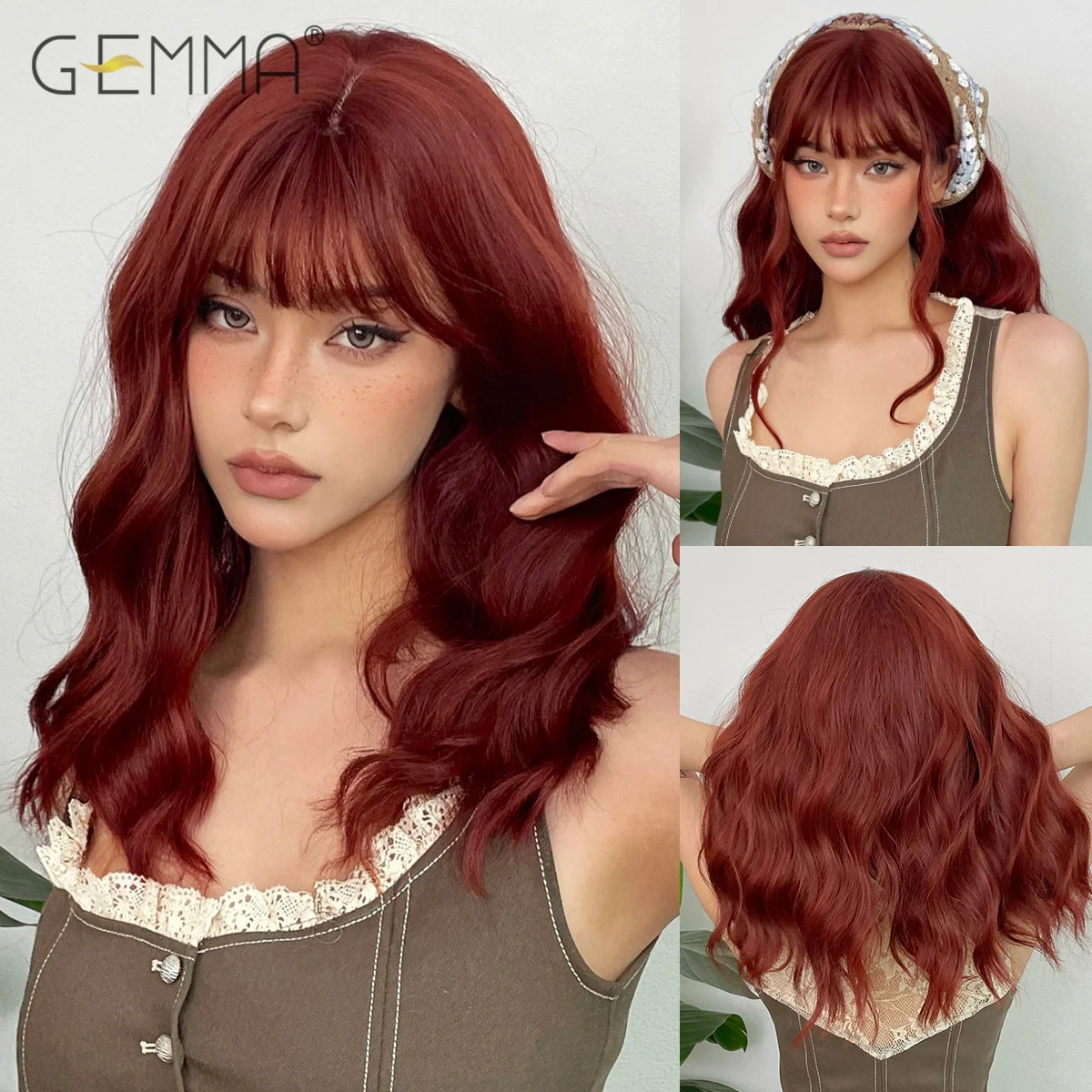 GEMMA Middle Length Red Brown Curly Wig with Bangs Synthetic Cosplay ...