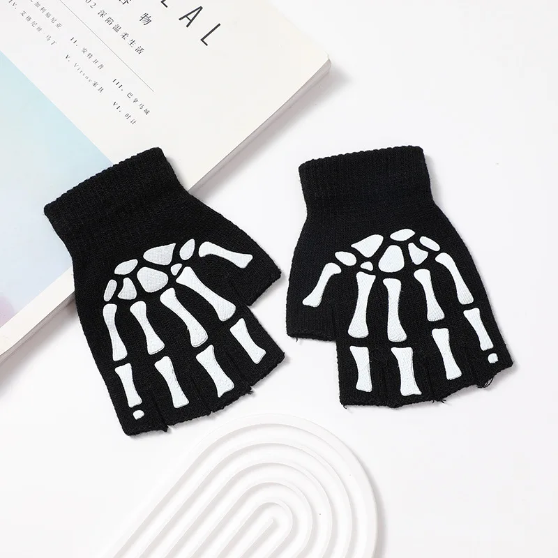 Gloves New Adult Kids Halloween Skeleton Skull Half Finger Luminous ...