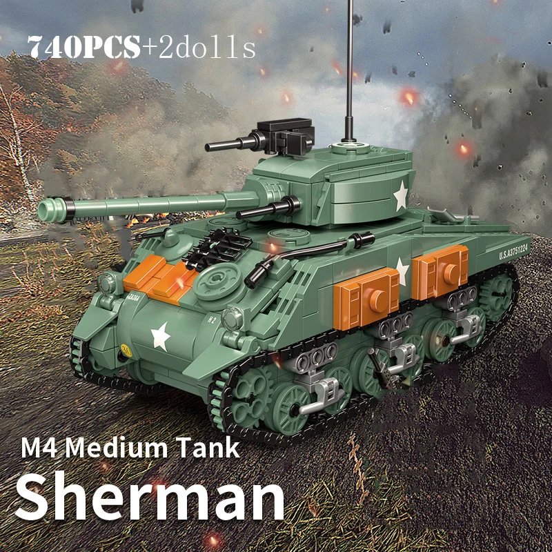 740PCS-World-War-Military-US-Sherman-M4-Medium-Tank-Building-Blocks-WW2 ...