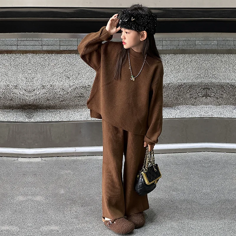 Girl-Knitted-Clothes-Set-Outfit-Teenager-Sweaters-Wide-Leg-Pants-Two ...