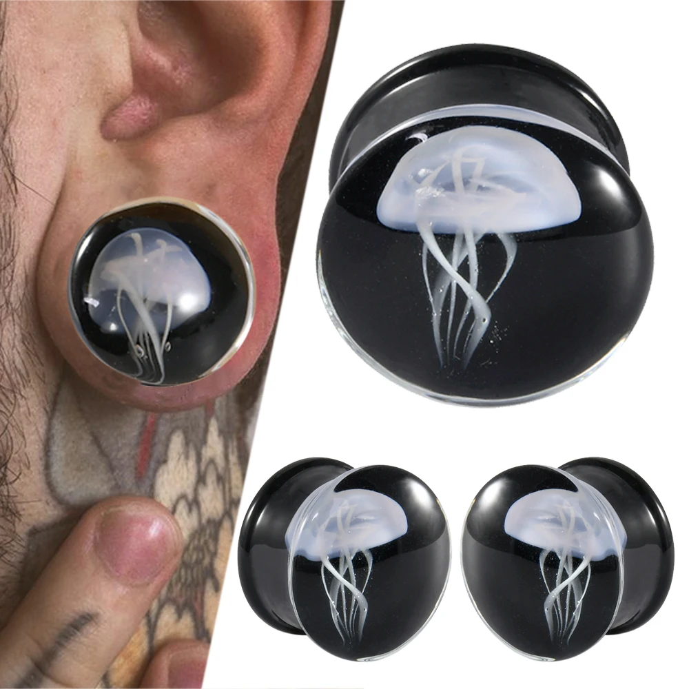 1-2PCS Black Glass With Pink Jellyfish Waist Ear Plug Ear Saddle ...