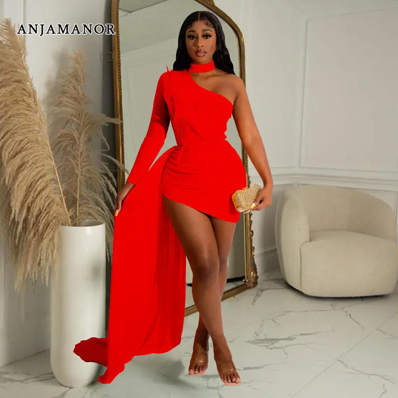 Anjamanor Sexy Red Party Dresses For Women 2023 Winter Feathers