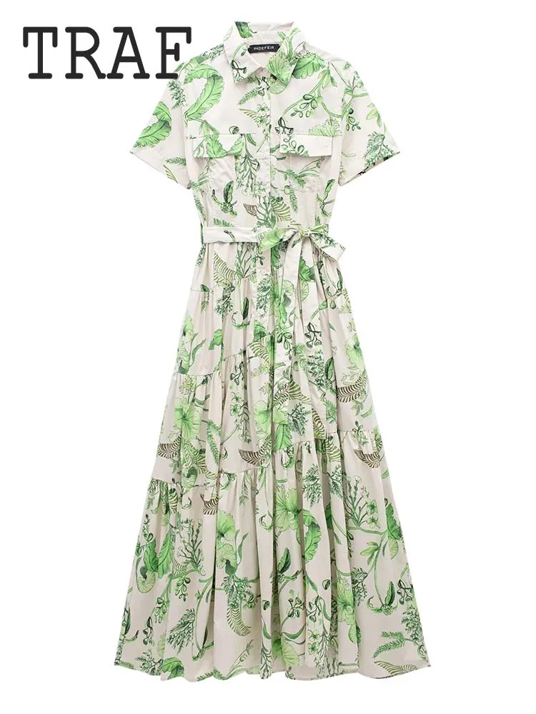 TRAF-Vestido-camisero-con-estampado-para-mujer-vestido-Midi-plisado ...