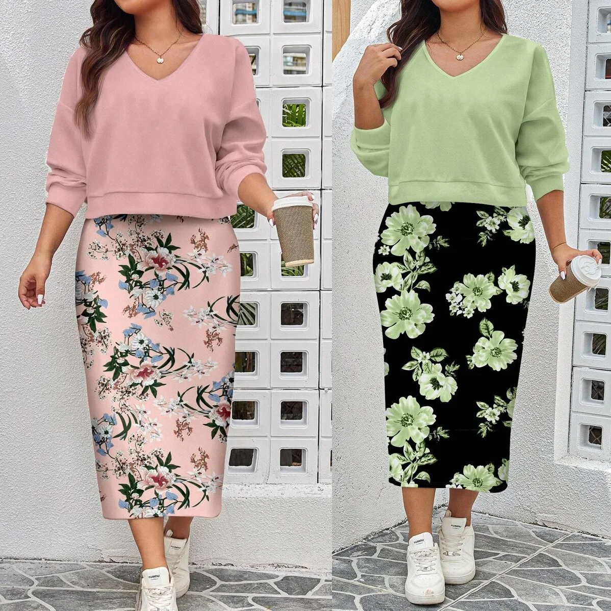 Plus Size Women 2 Piece Dress Set Fashion Elegant Floral Print Round ...