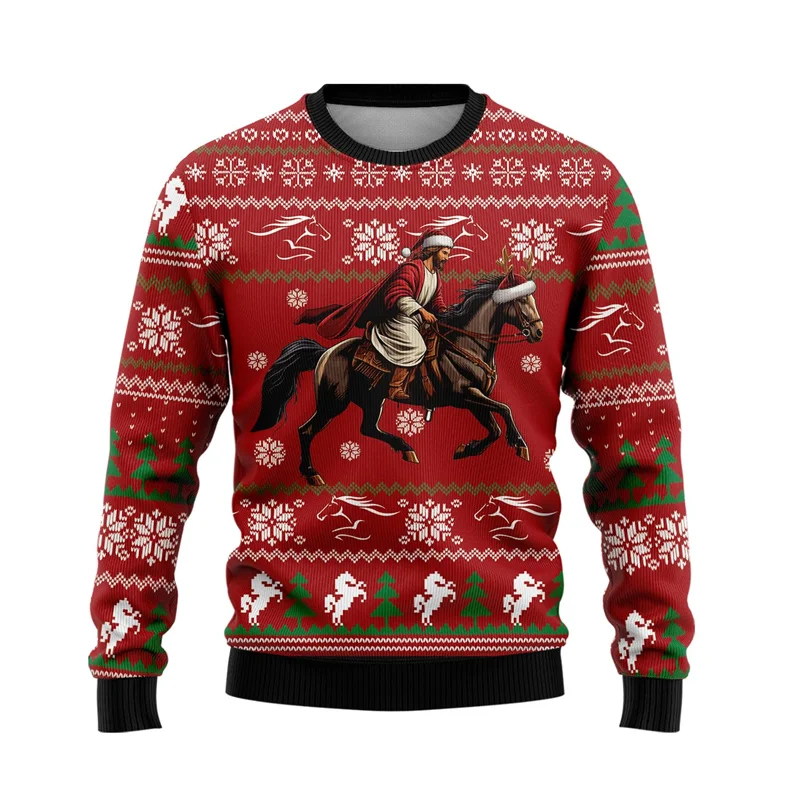 Cartoon Horse Graphic Sweatshirts Funny Ugly Sweater Xmas Holiday Crew ...