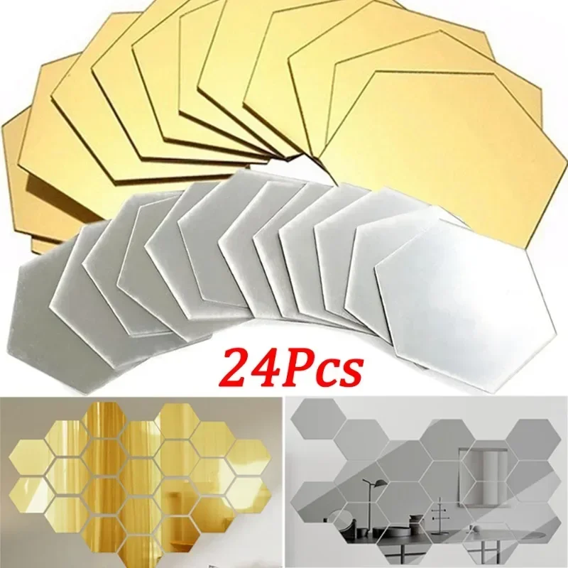 6 24pcs Hexagon Mirror Wall Sticker Removable Wall Decals Acrylic
