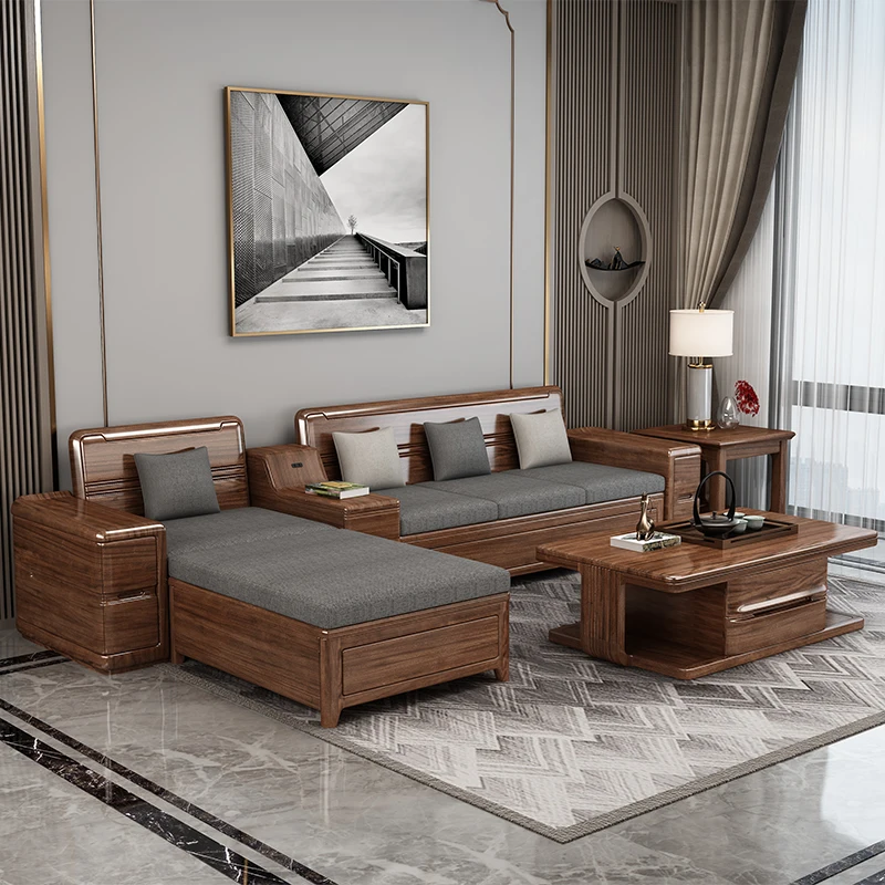 Walnut-living-room-modern-simple-solid-wood-leather-sofa-combination-of ...