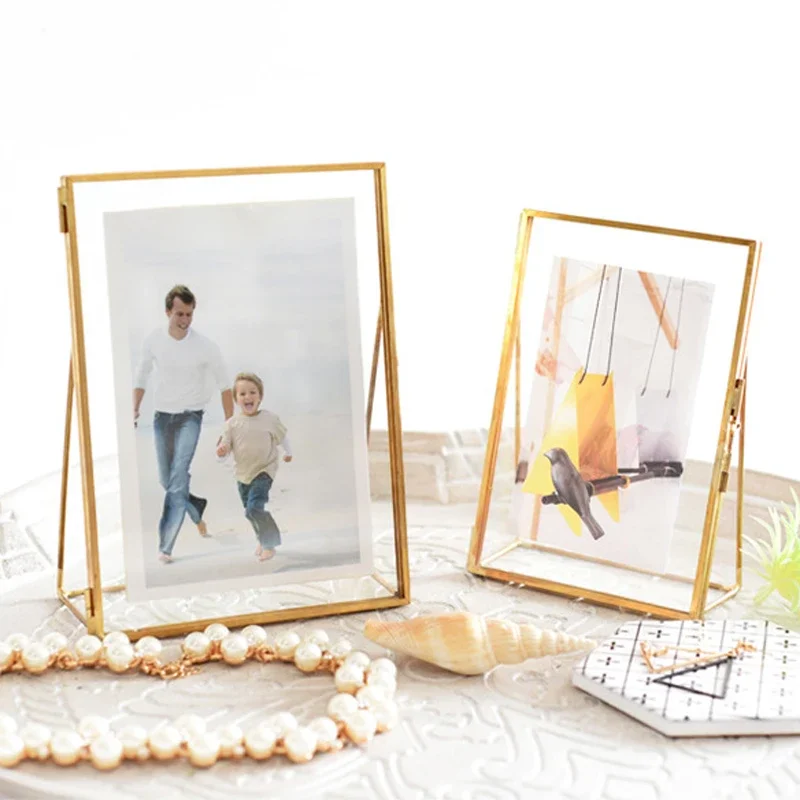 Antique Gold Rectangle Glass Photo Frame Specimen Clip Holder Folding ...