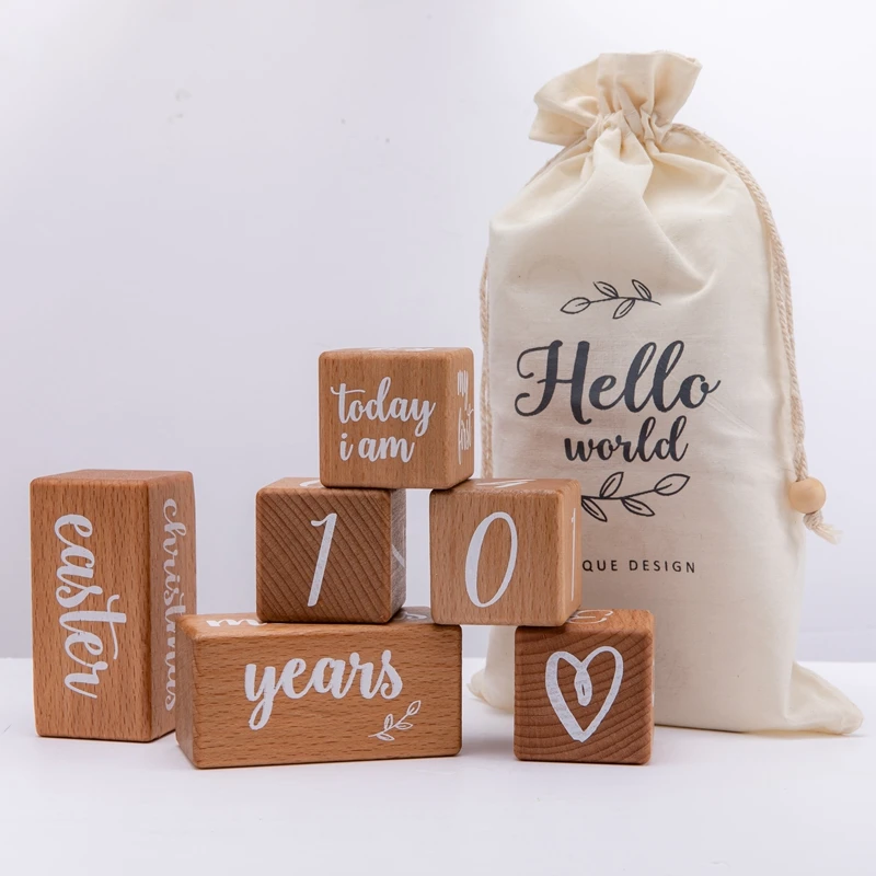 6pcs/1Set Baby Month Milestone Cube Beech Block Square Engraved Newborn ...