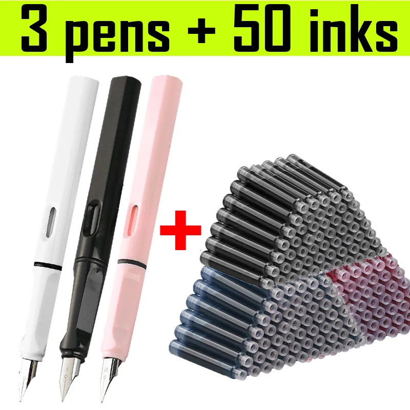 53Pcs-Fountain-Pen-Set-School-Student-Pens-Replacable-Ink-Set-Black ...