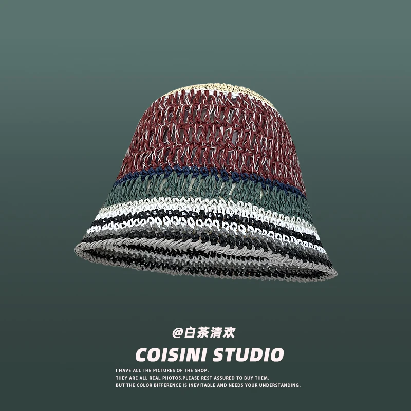 Niche-Japanese-Striped-Color-Matching-Straw-Hat-Women-Summer-Wide-Brim ...