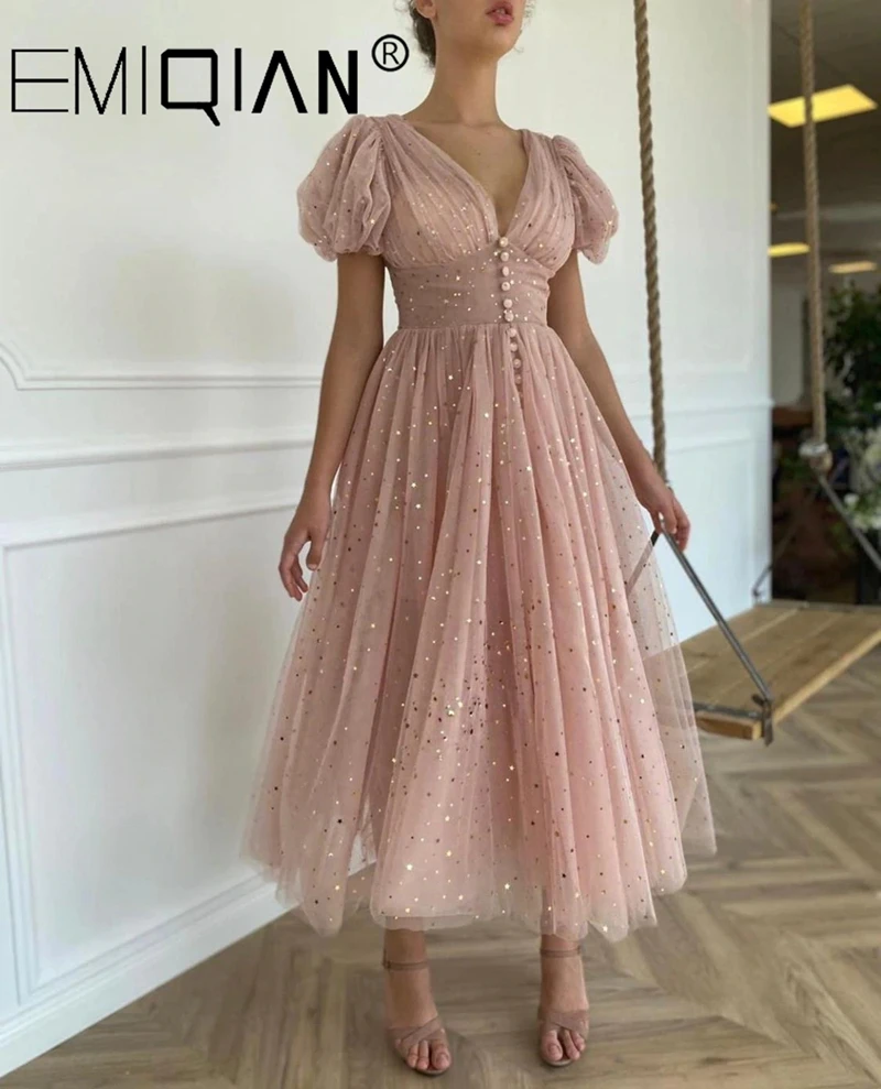 Gaun Pesta Lengan Lebar Pendek Kerah V A Line Gaun Malam Pinggang ...